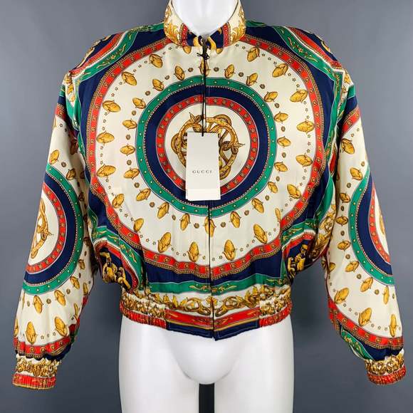 Gucci | Jackets & Coats | Gucci Beige Multi Color Graphic Silk Blouson ...